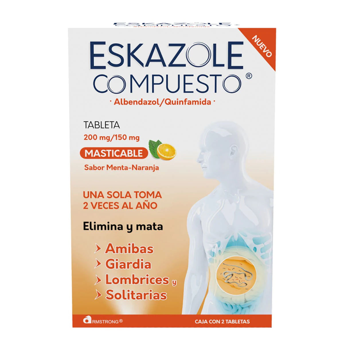 Eskazole Compuesto 2 Tabletas Masticables Sabor Naranja - Farmacias Klyns