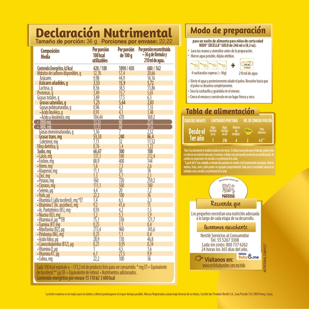 Nido Excella Gold 800 g - Farmacias Klyns