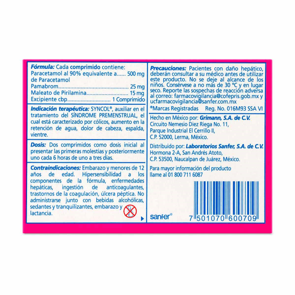 Syncol 500 mg / 25 mg / 15 mg 12 Comprimidos - Farmacias Klyns