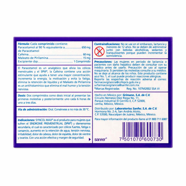 Syncol 650 mg / 60 mg / 15 mg 12 Comprimidos - Farmacias Klyns