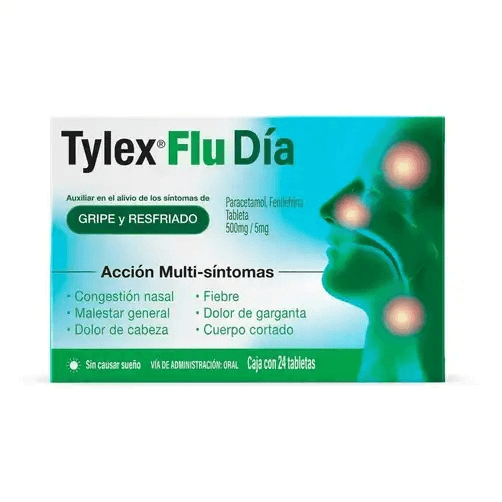 Tylex Flu Dia 500 mg / 5 mg 24 Tabletas - Farmacias Klyns