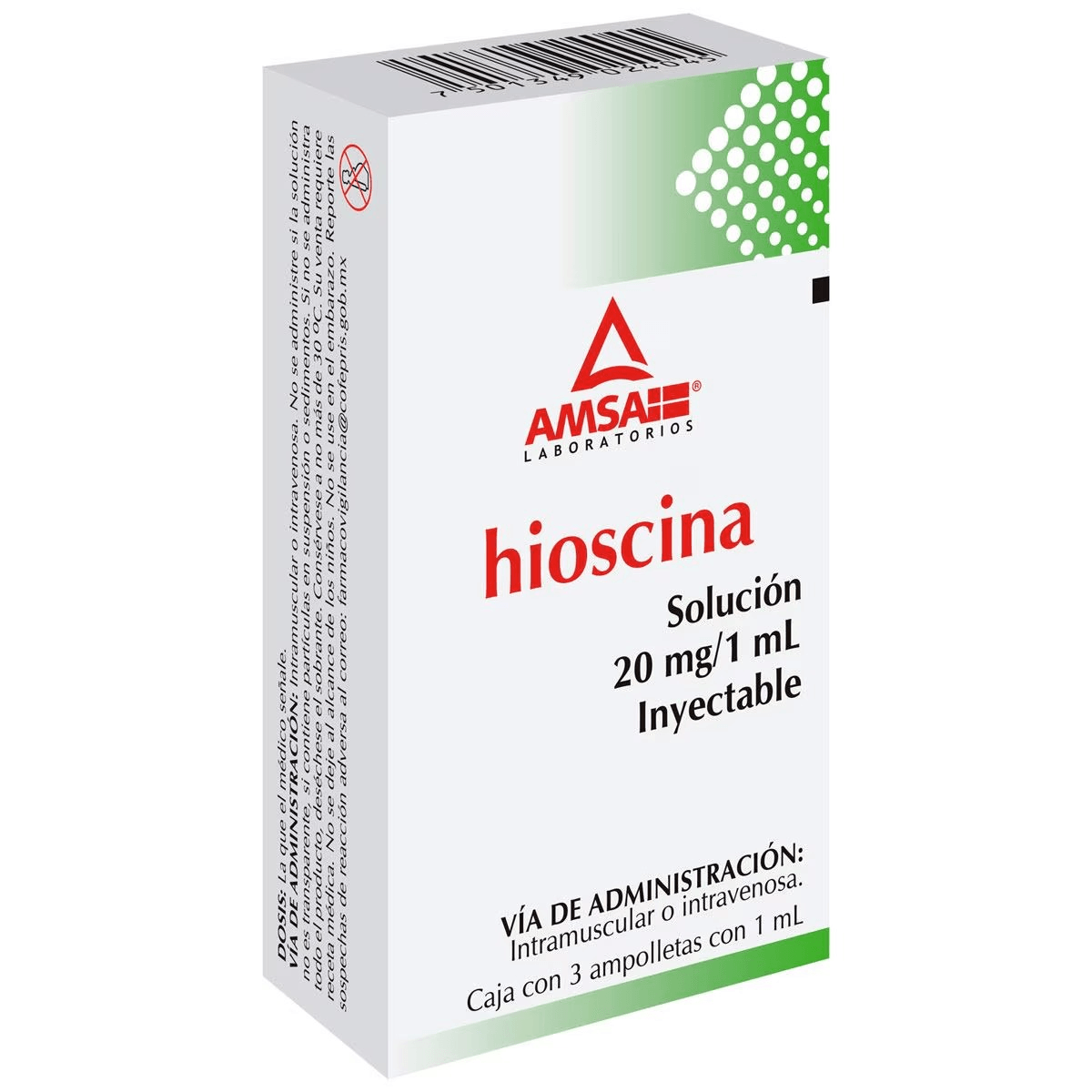Hioscina Solucion Inyectable 20 mg /1 mL AMSA 3 Ampolletas de 1 mL ...